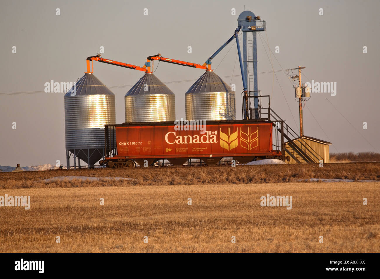 Grain car beside three grain silos in scenic Saskatchewan Canada Stock ...
