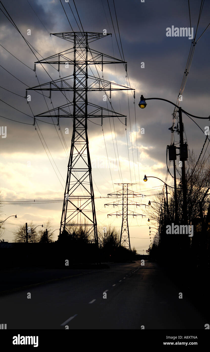 Close up of the power line supplying electricity to the big city ...