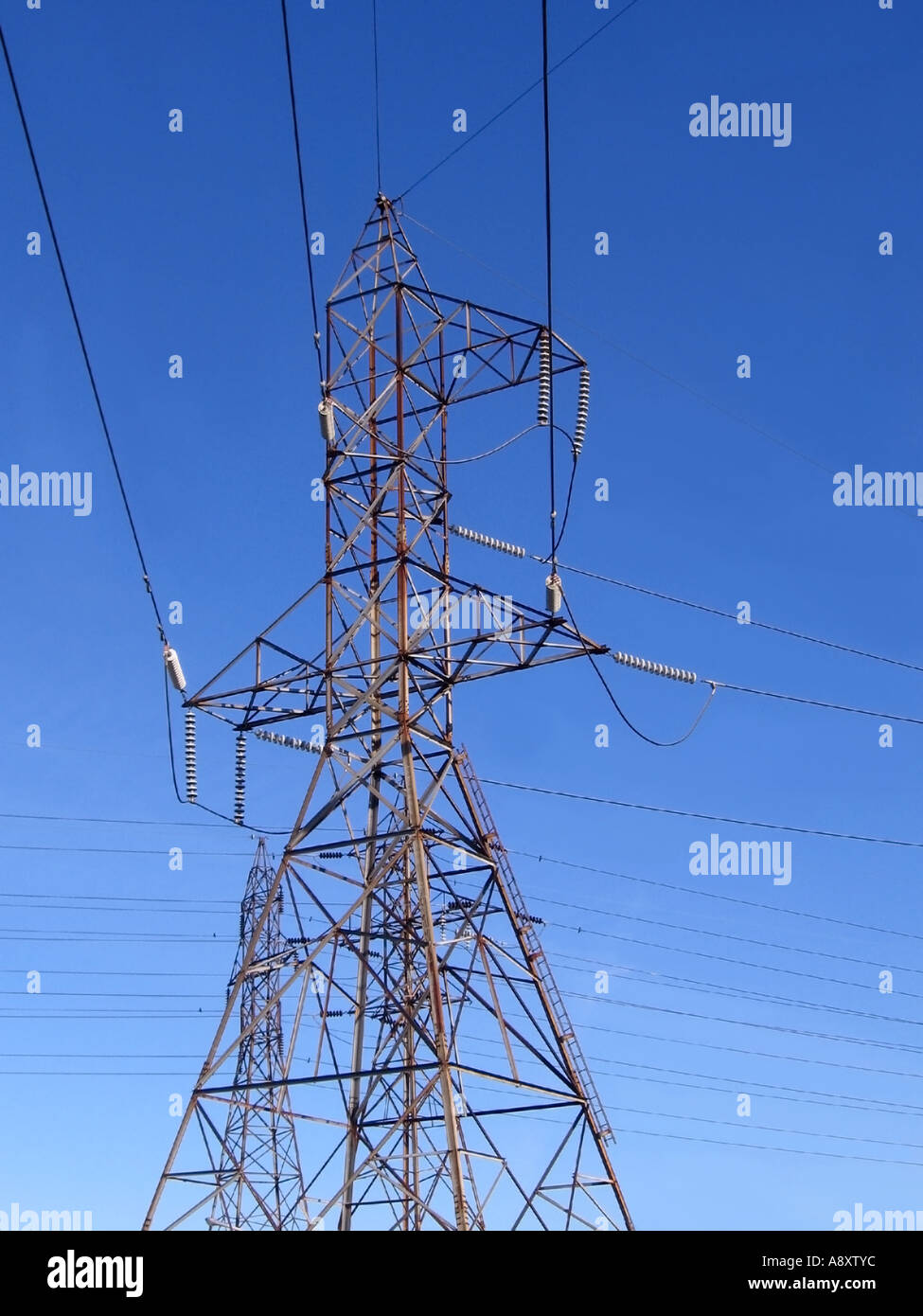 Close up of the power line supplying electricity to the big city ...