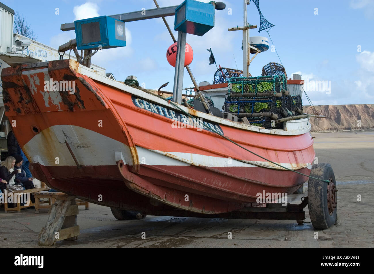 Filey Coble Boat loaded with Crab and Lobster Pots Stock Photo - Alamy