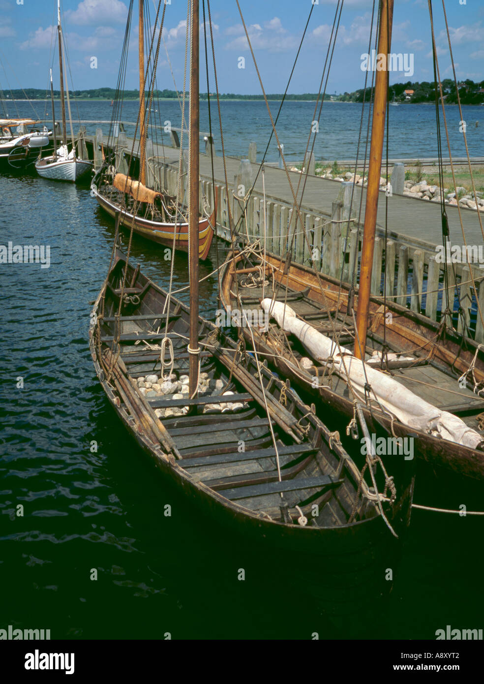 Replica Viking longships in harbour, Roskilde, Sjælland (Zealand ...