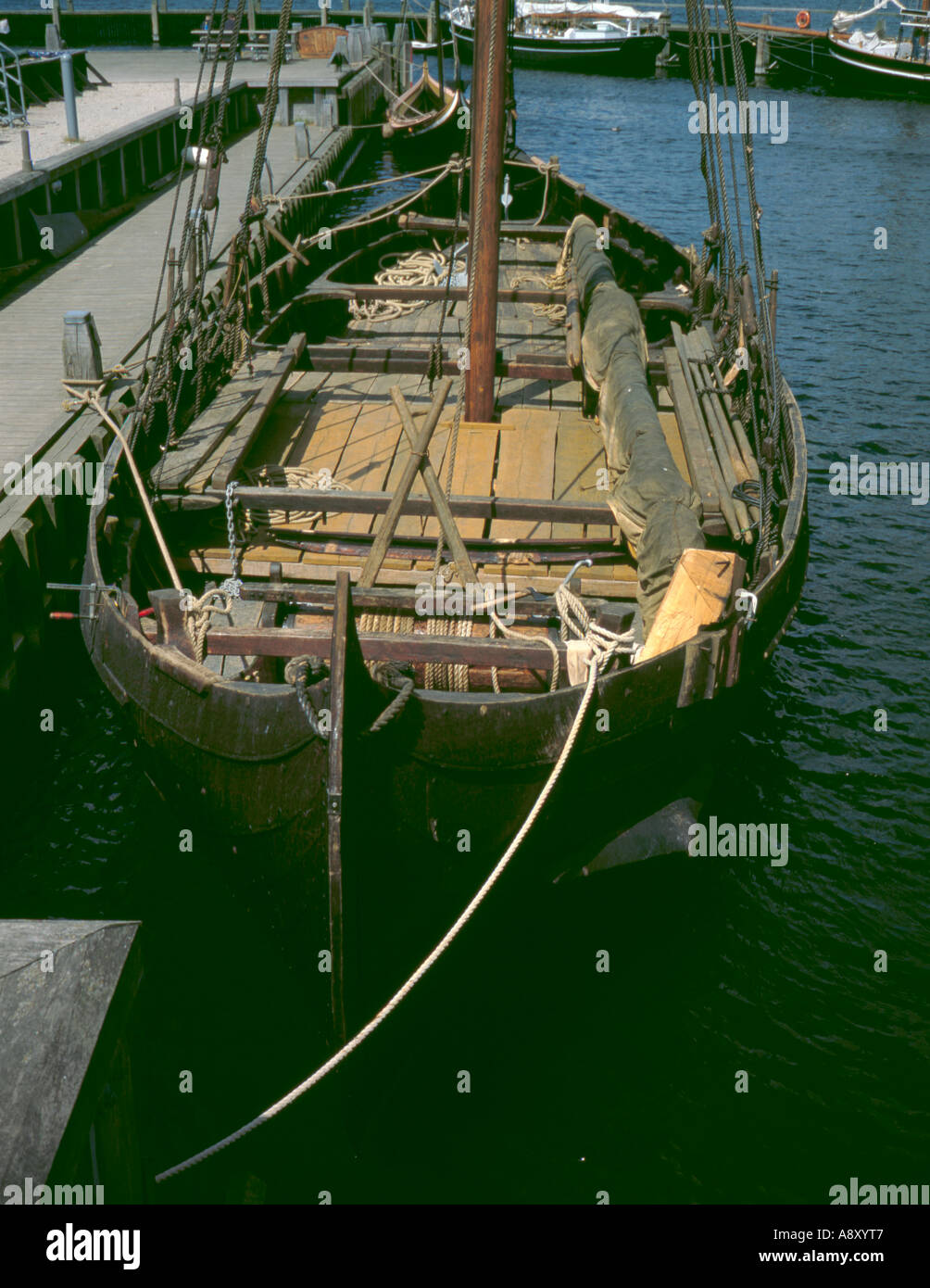 Replica Viking longship in harbour, Roskilde, Sjælland (Zealand ...