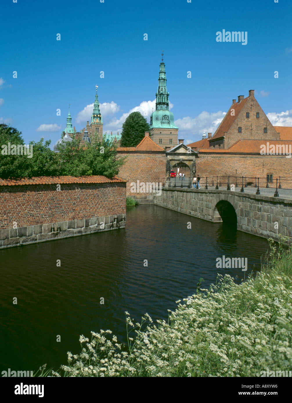 Entrance to Frederiksborg Slot seen over the moat, near Hillerød ...