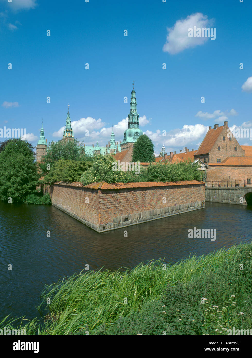 Frederiksborg Slot (Palace) seen over the moat, near Hillerød ...