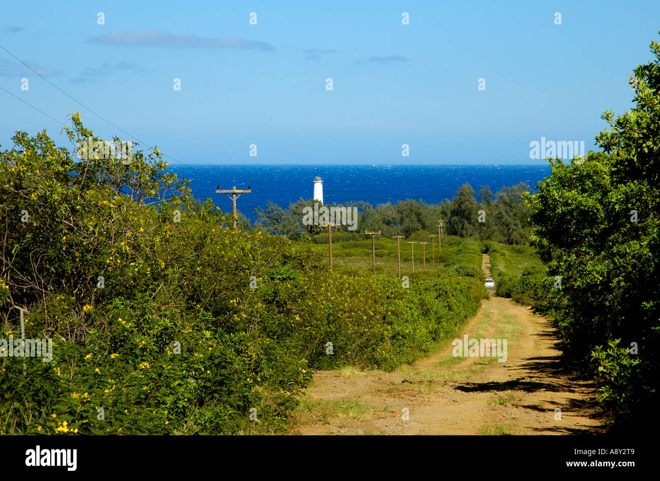 Road to Lighthouse and a passing tug and barge Kohala Hawaii Stock ...