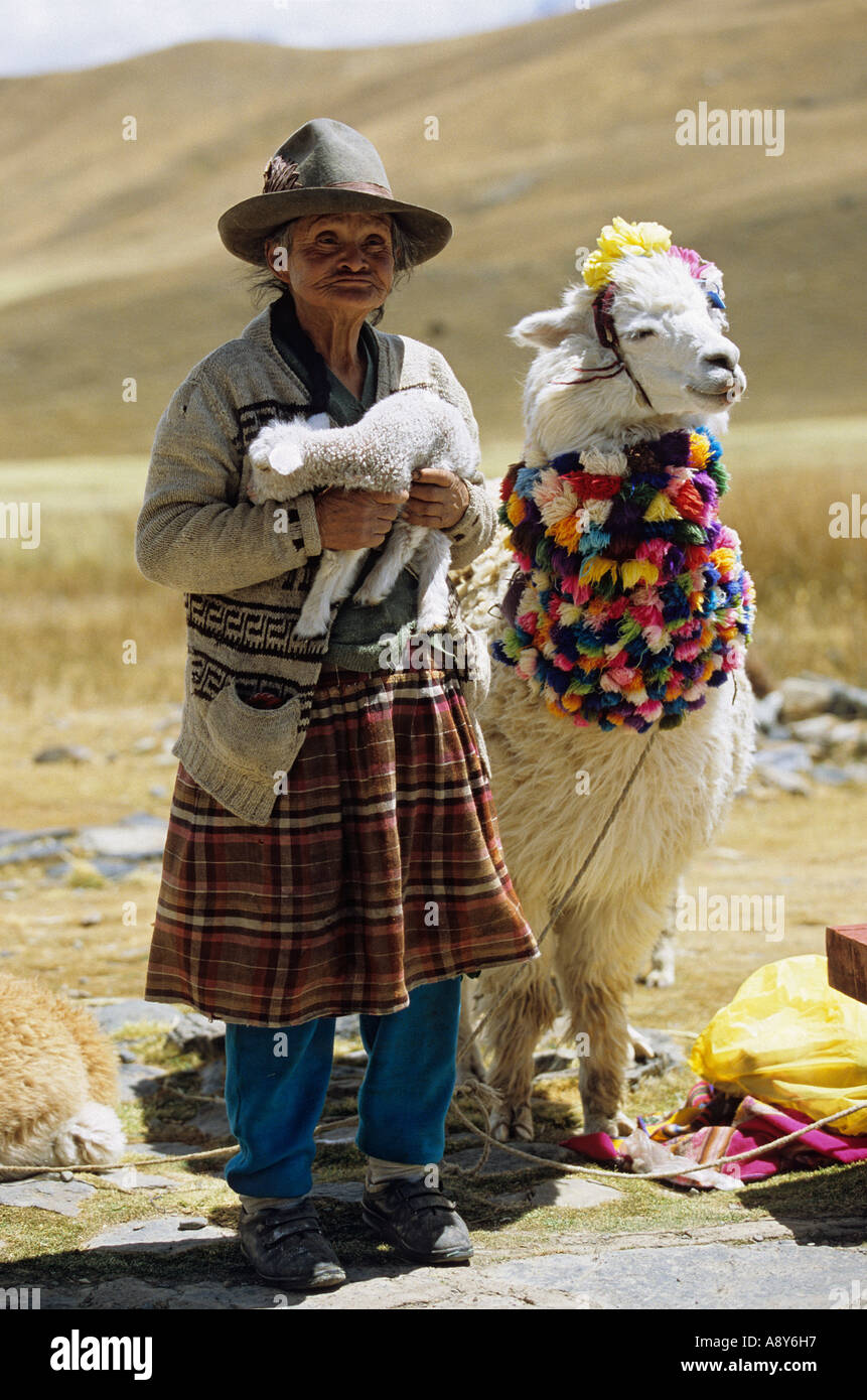 Old woman carrying a lamb in her arms accompanied by an alpaca (Peru ...