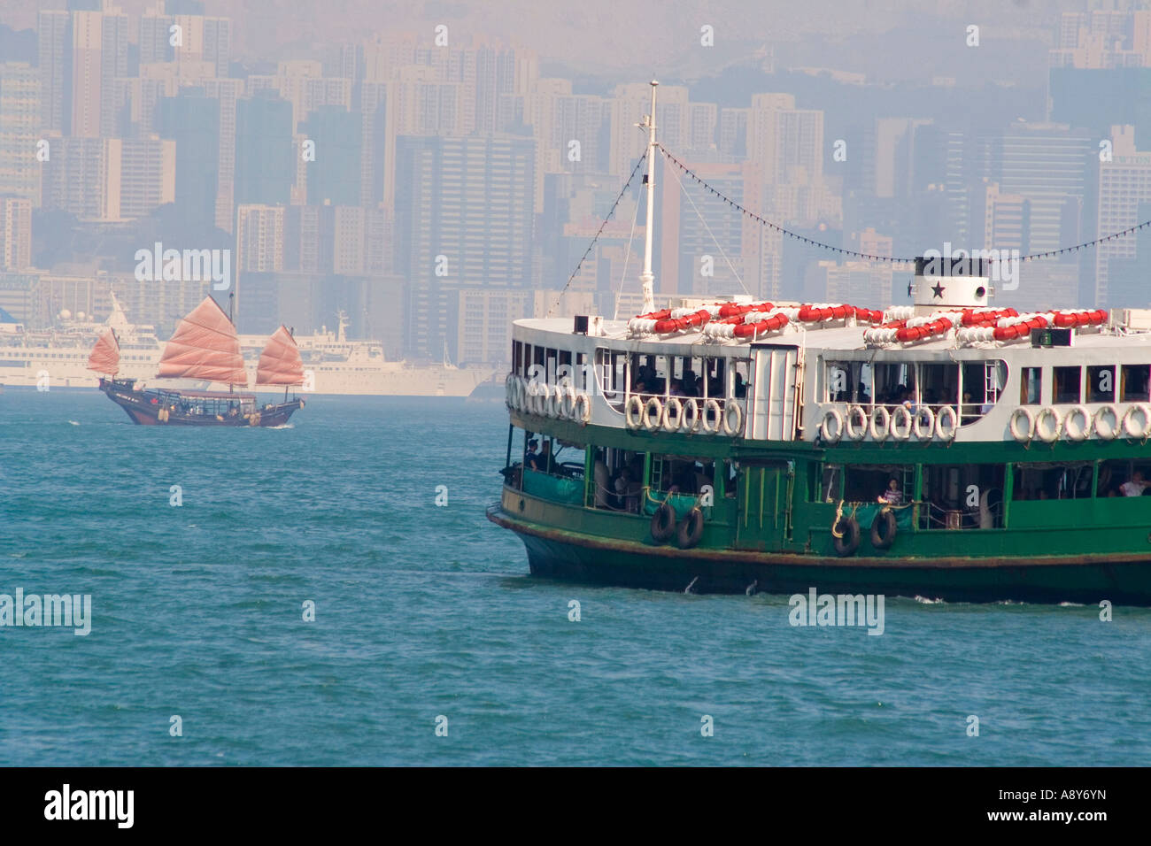 Star Ferry with Duk Ling Chinese Junk Hong Kong China Stock Photo - Alamy