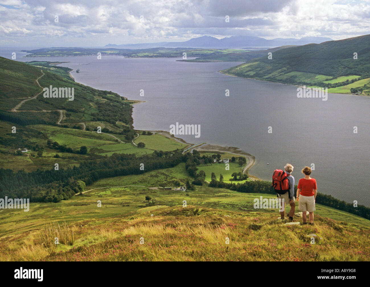 Walkers on Sron Dearg above Inverchaolain on Loch Striven on the Cowal ...