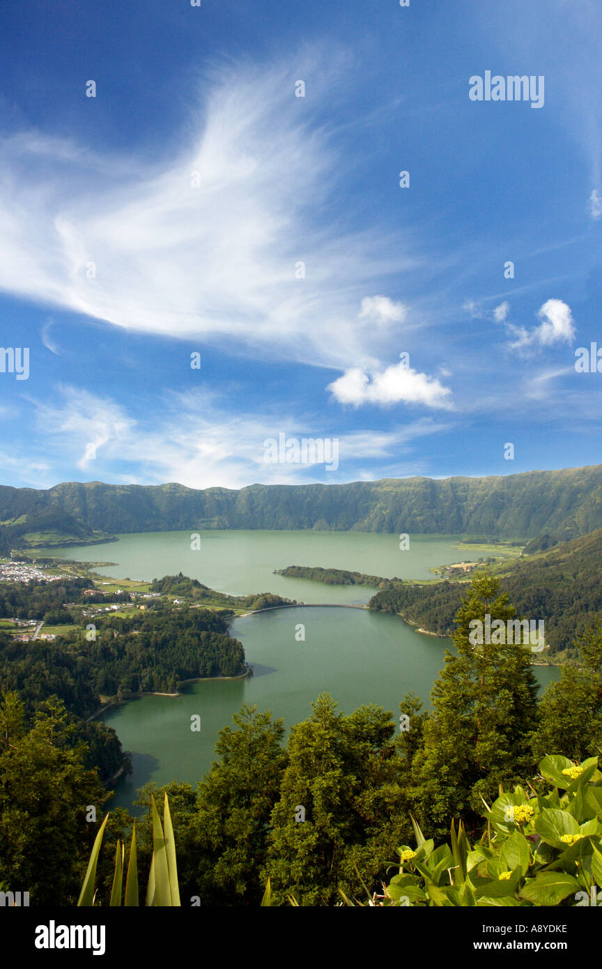 Lakes of Sete Cidades in extinct volcano caldera on Sao Miguel island ...