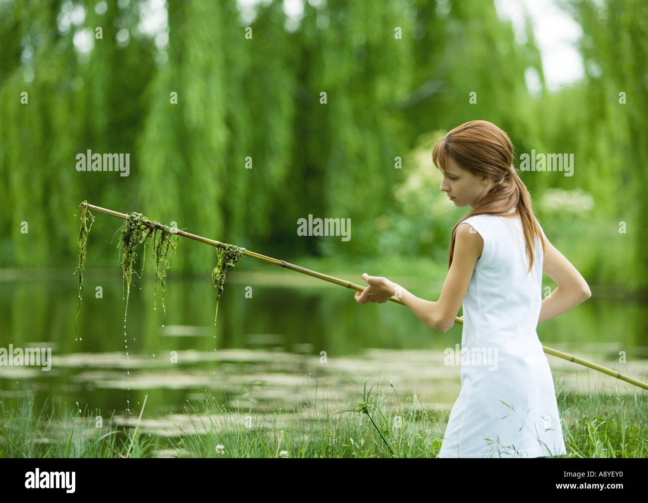 Girl holding stick with algae hanging from it, pond in background Stock ...