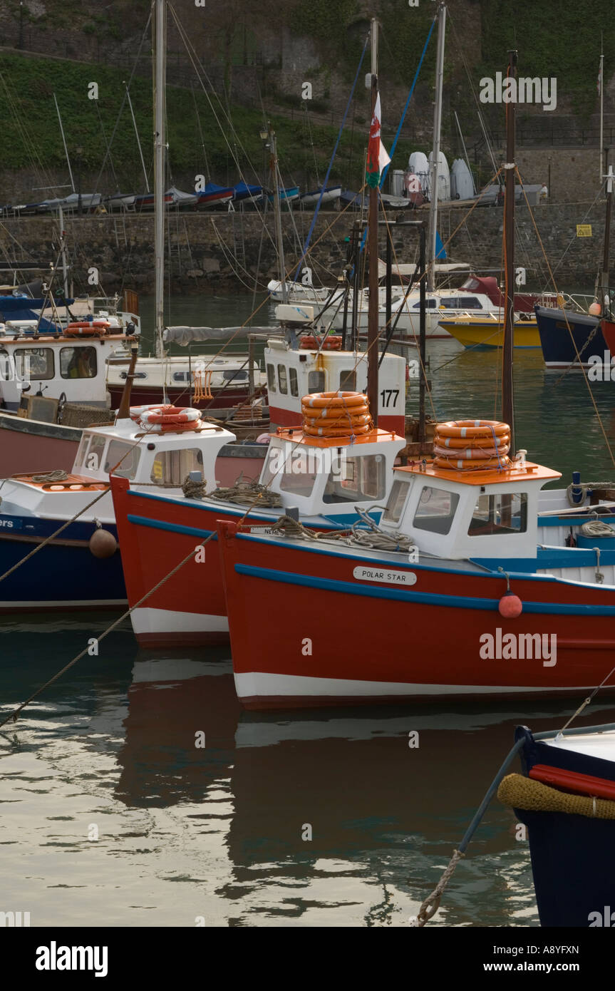 fleet of small inshore Fishing boats at anchor high tide Tenby west ...