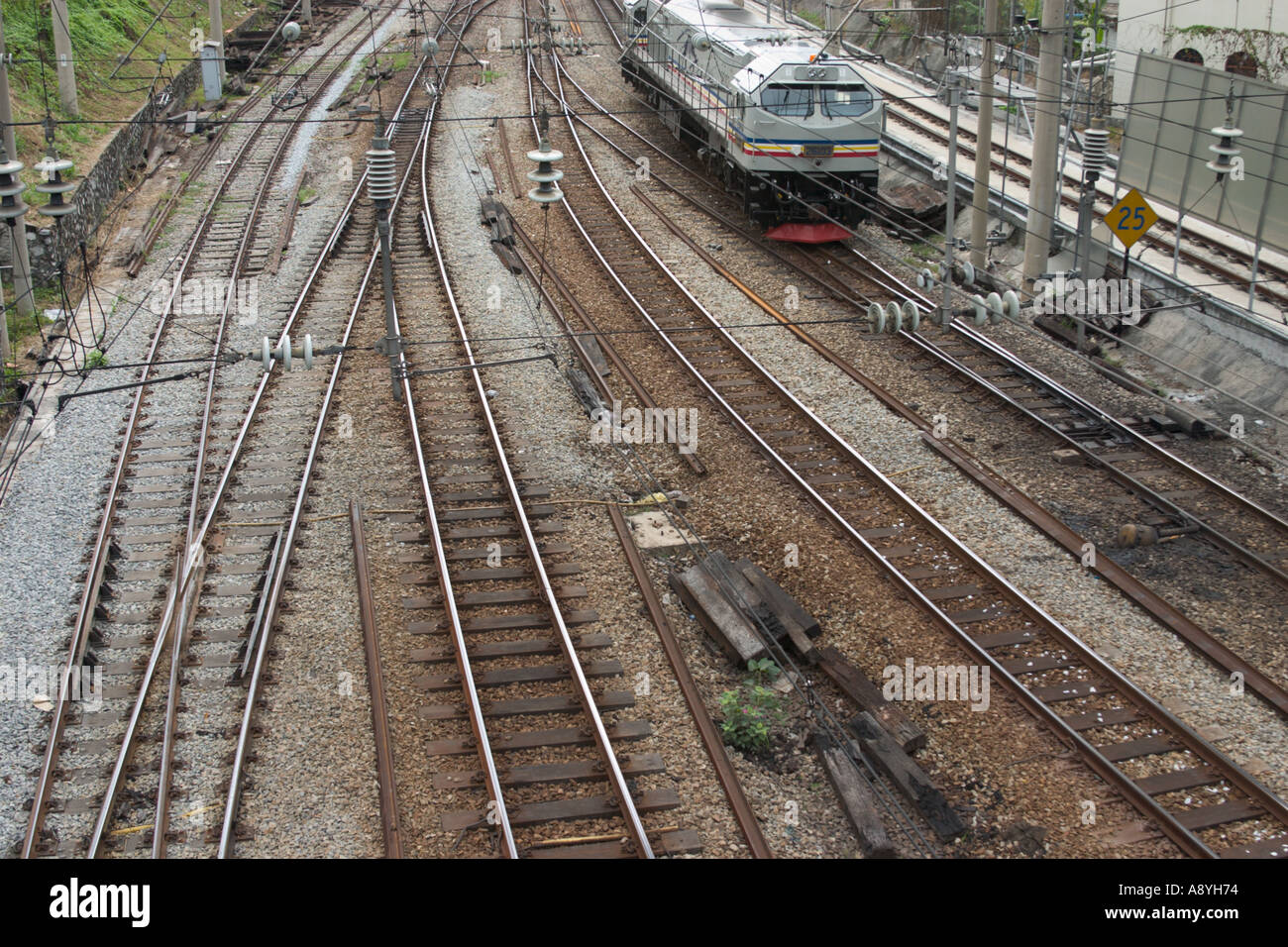 many railway tracks with a train Stock Photo - Alamy