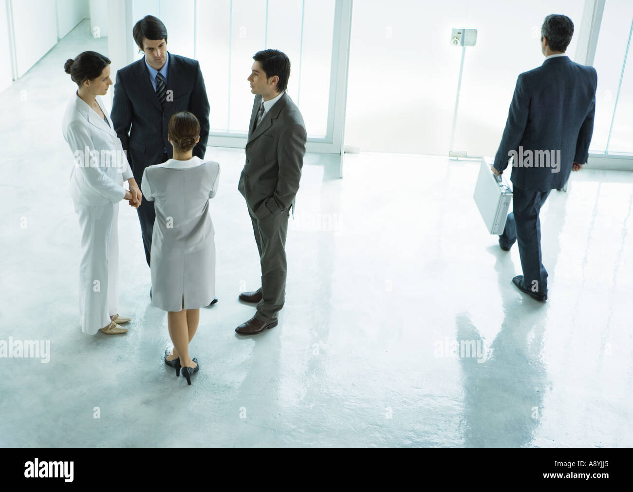 Group of business people standing in lobby, talking Stock Photo - Alamy