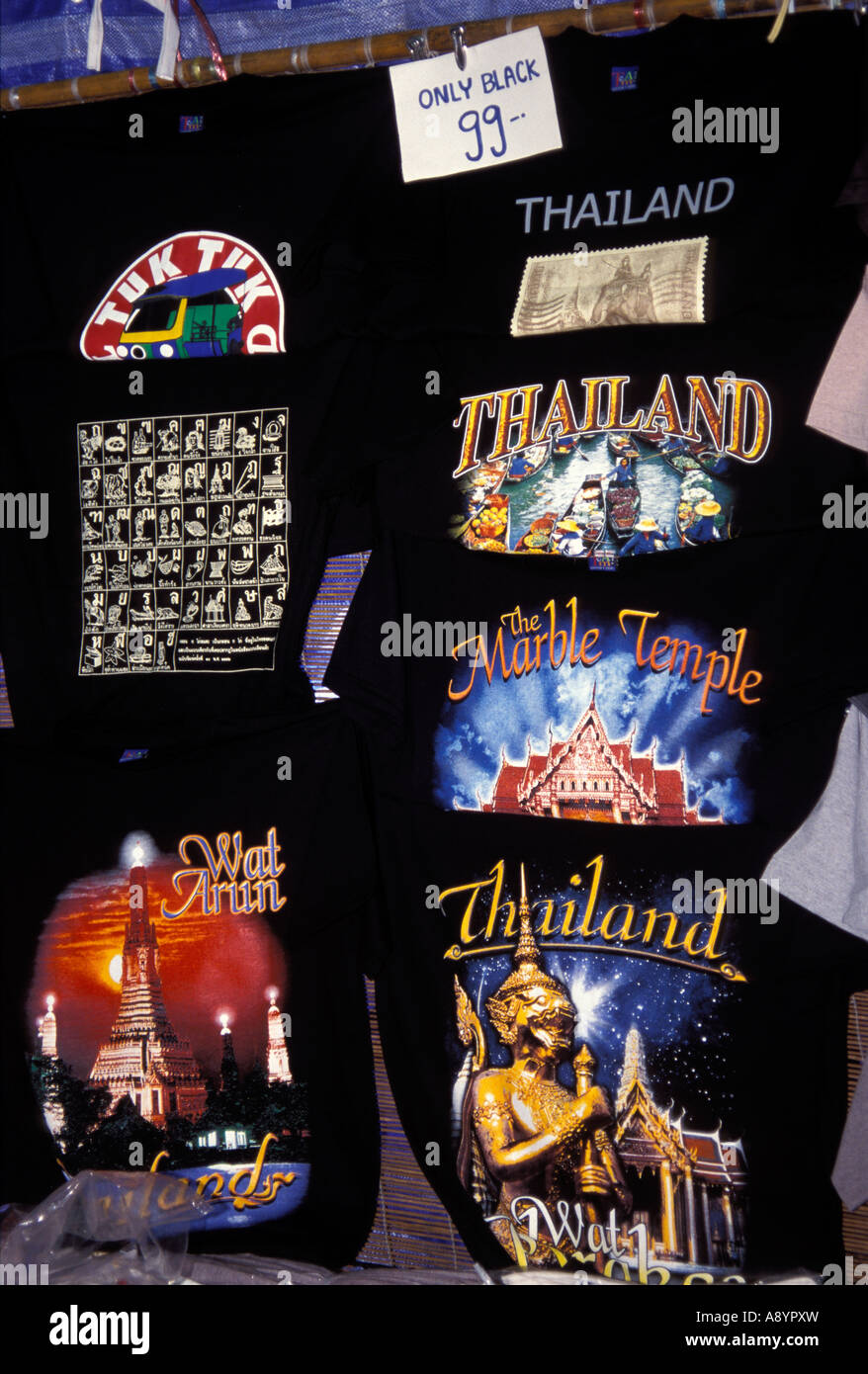 Black T-shirts on sale at Chatuchak Market, Bangkok, Thailand Stock ...