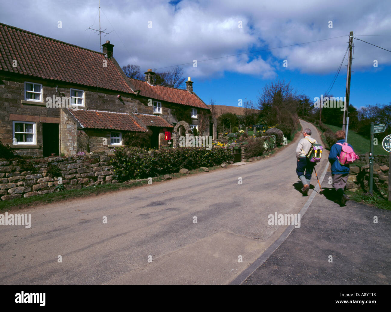 Hikers and rural Post Office, Low Mill, Farndale, North York Moors ...