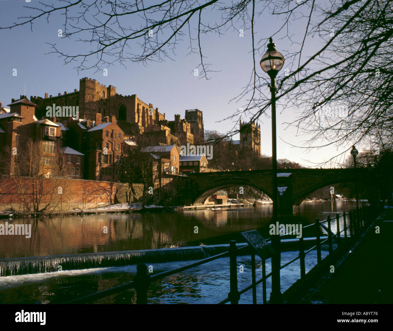 Cathedral and Castle seen over River Wear in winter, Durham City ...