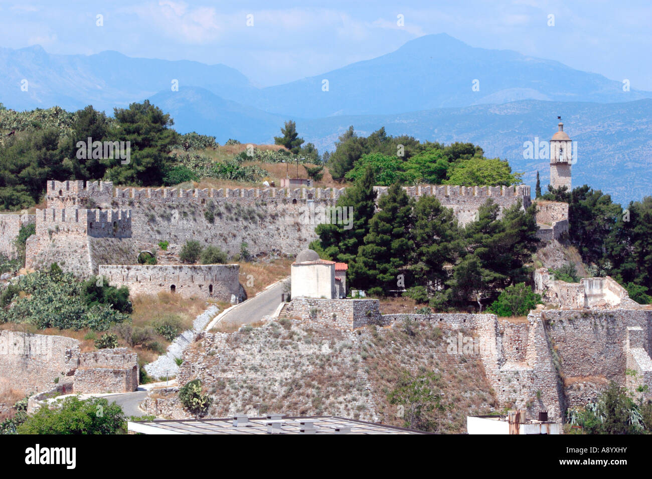 Panoramic view of Nafplion with Acronafplia fortress from the wall of ...