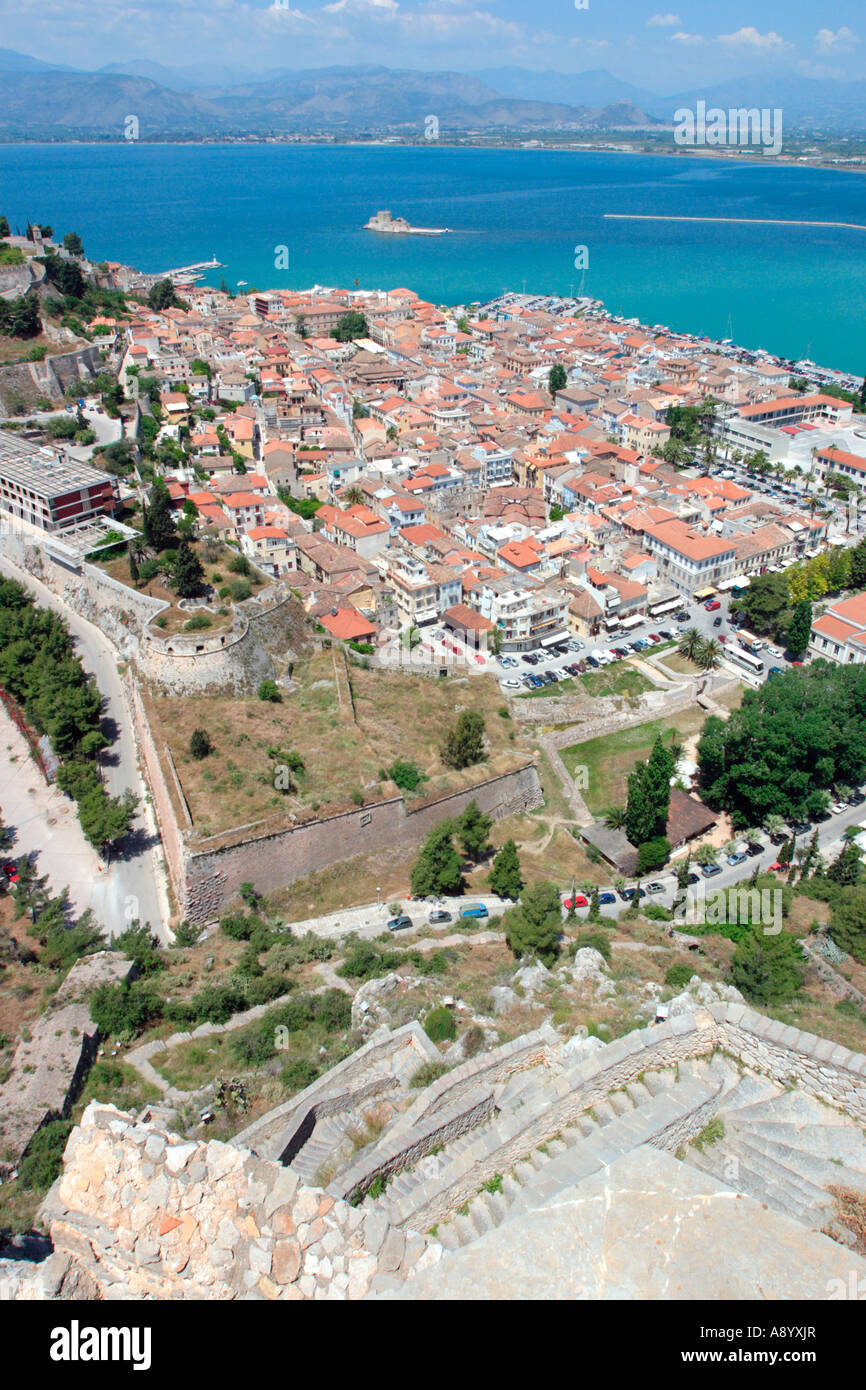 Panoramic view of Nafplion with Acronafplia fortress from the wall of ...