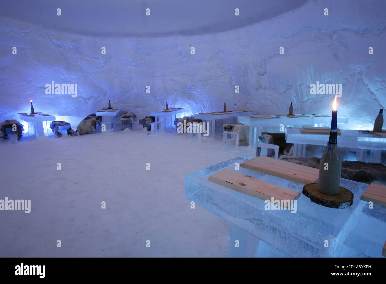 Dining room in ice hotel Stock Photo - Alamy