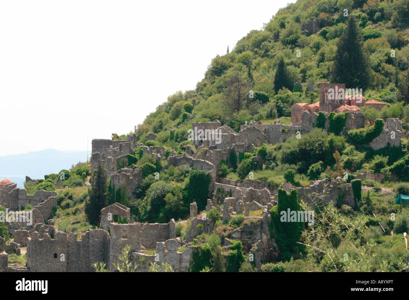Panoramic view of ruins on the mountain slope in Mystras with the ...