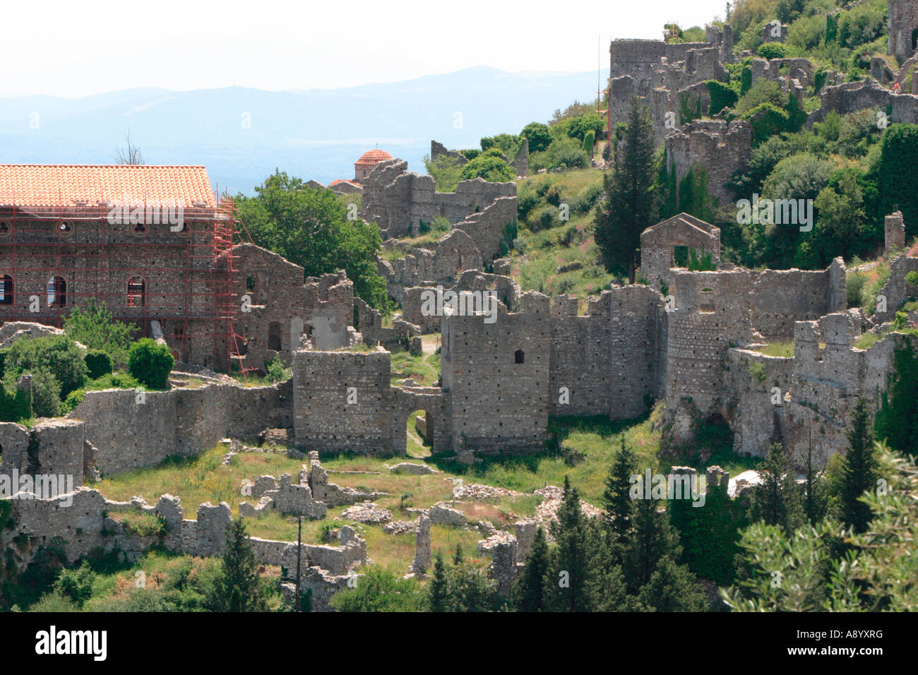 Panoramic view of ruins on the mountain slope in Mystras with the ...