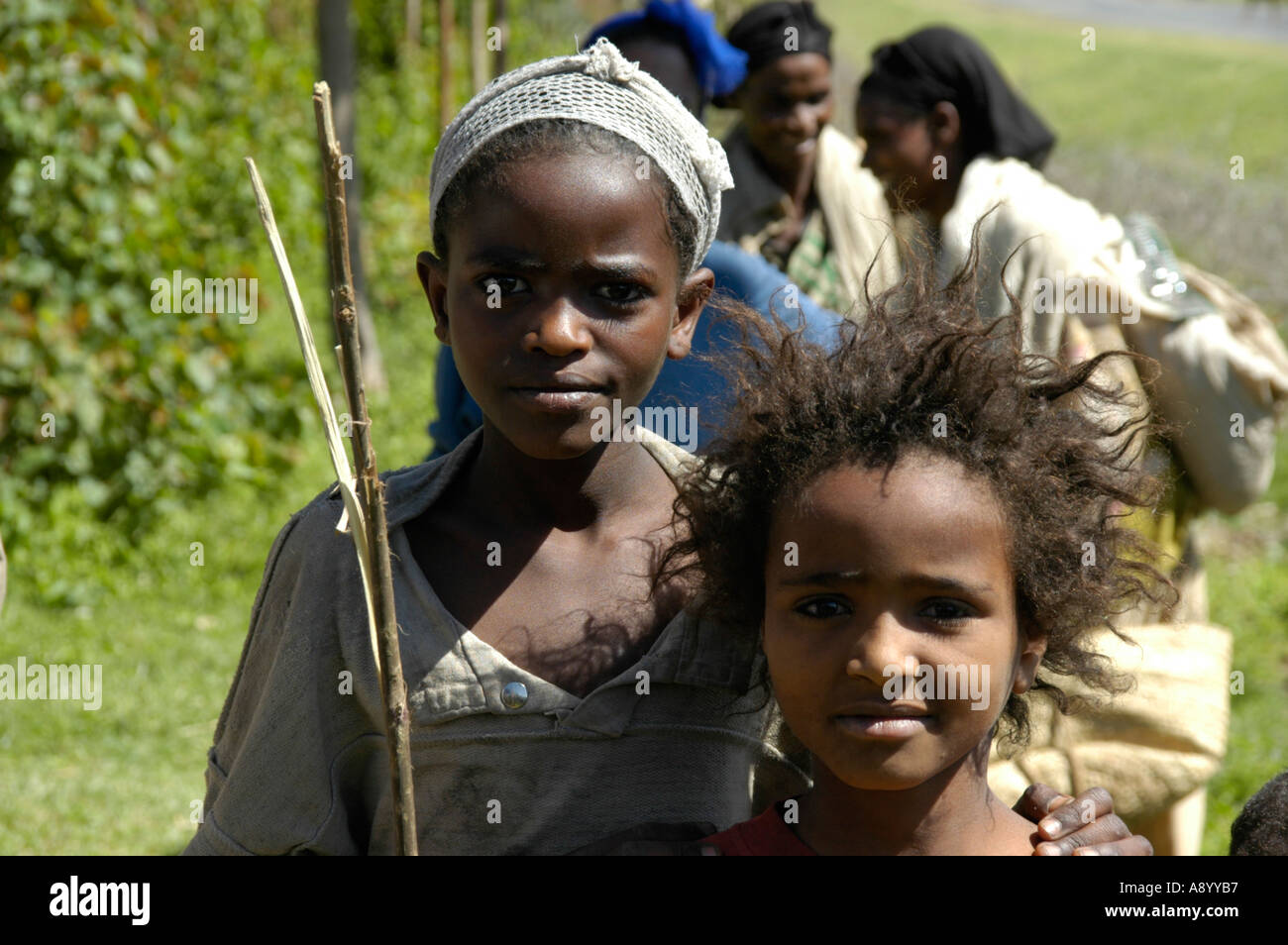 Two young girls with uncombed hair of the Kambata people near ...