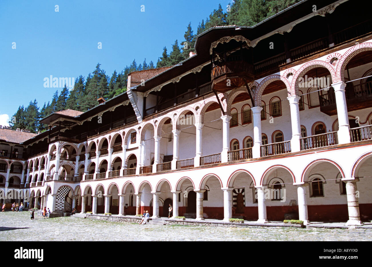 Monastic cells, balconies and courtyard, Rila Monastery, Bulgaria Stock ...