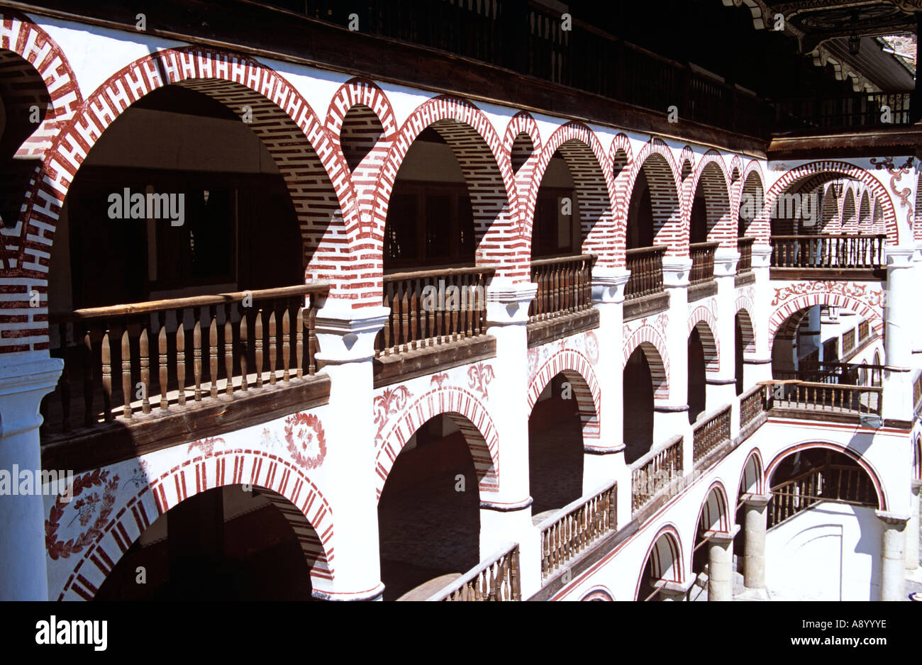 Monastic cells and balconies, Rila Monastery, Bulgaria Stock Photo - Alamy