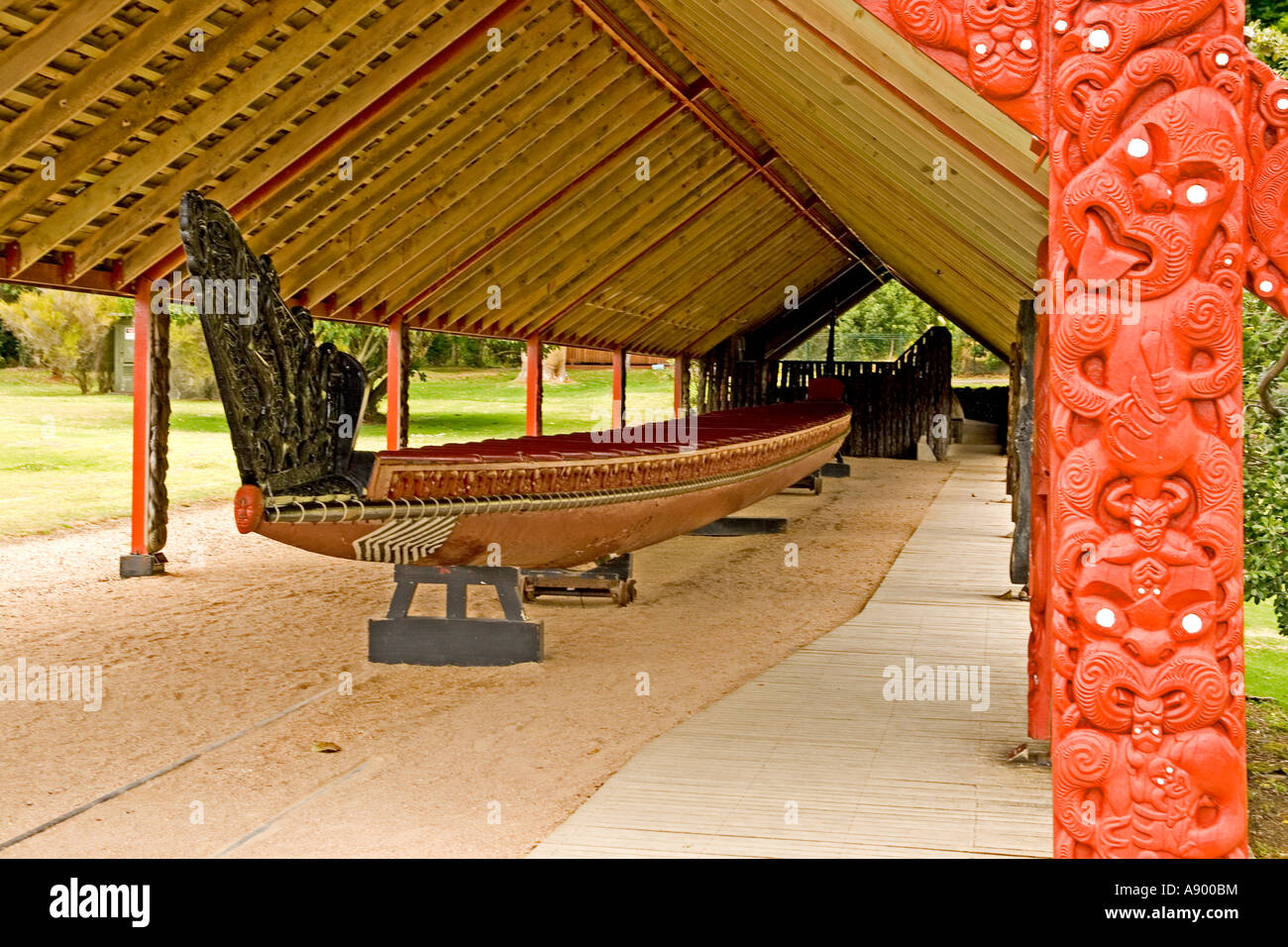 Moari Boat House with war canoe, Bay of Islands, New Zealand Stock ...