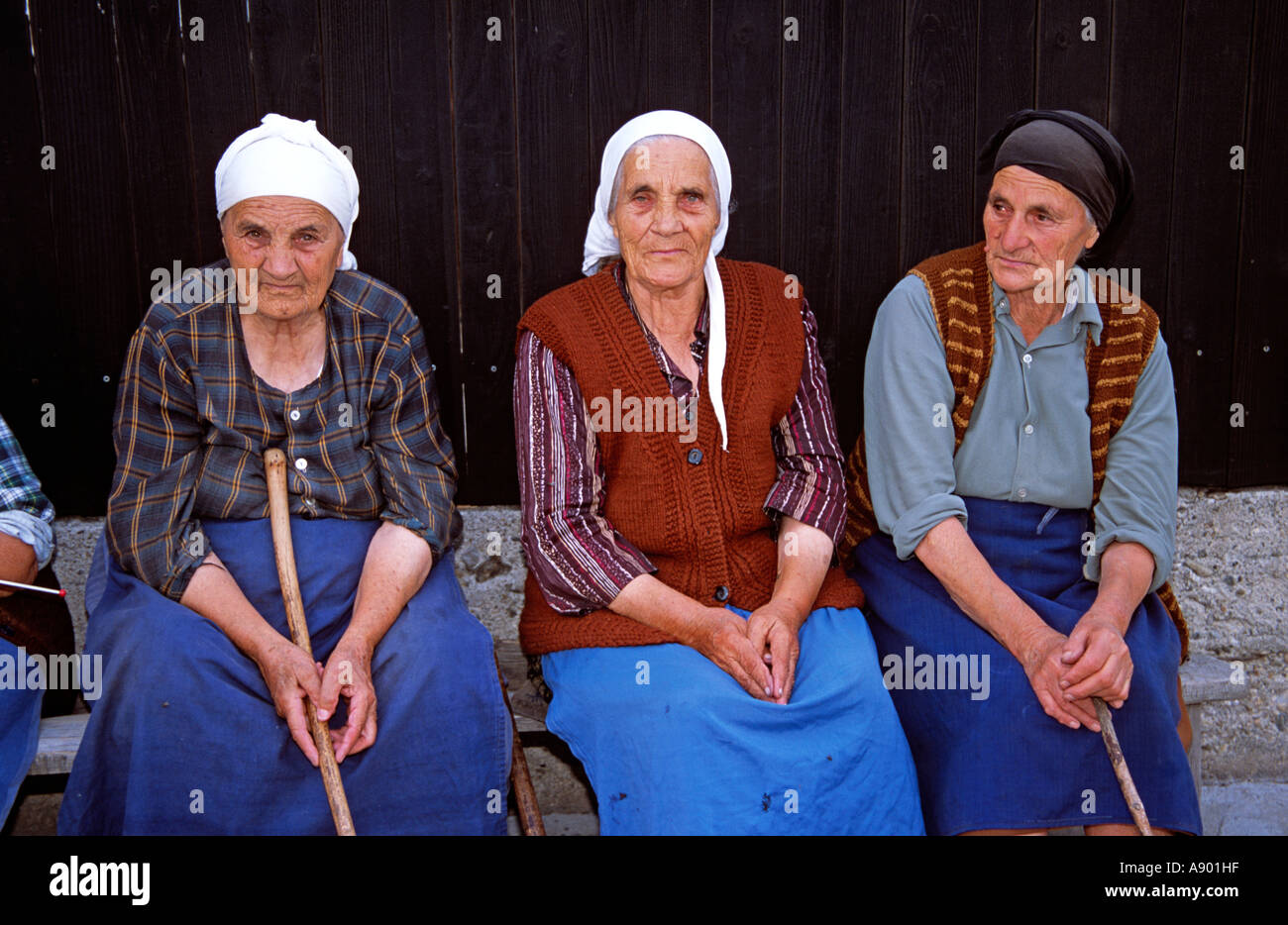 Three old ladies sitting on bench, Bansko, Bulgaria Stock Photo - Alamy