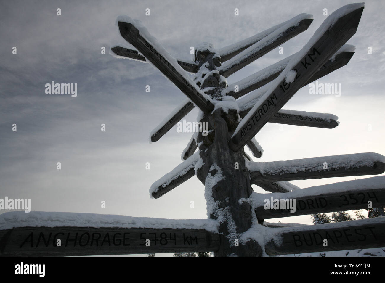 Arctic circle road sign at Rovaniemi airport, Lapland, Finland Stock ...