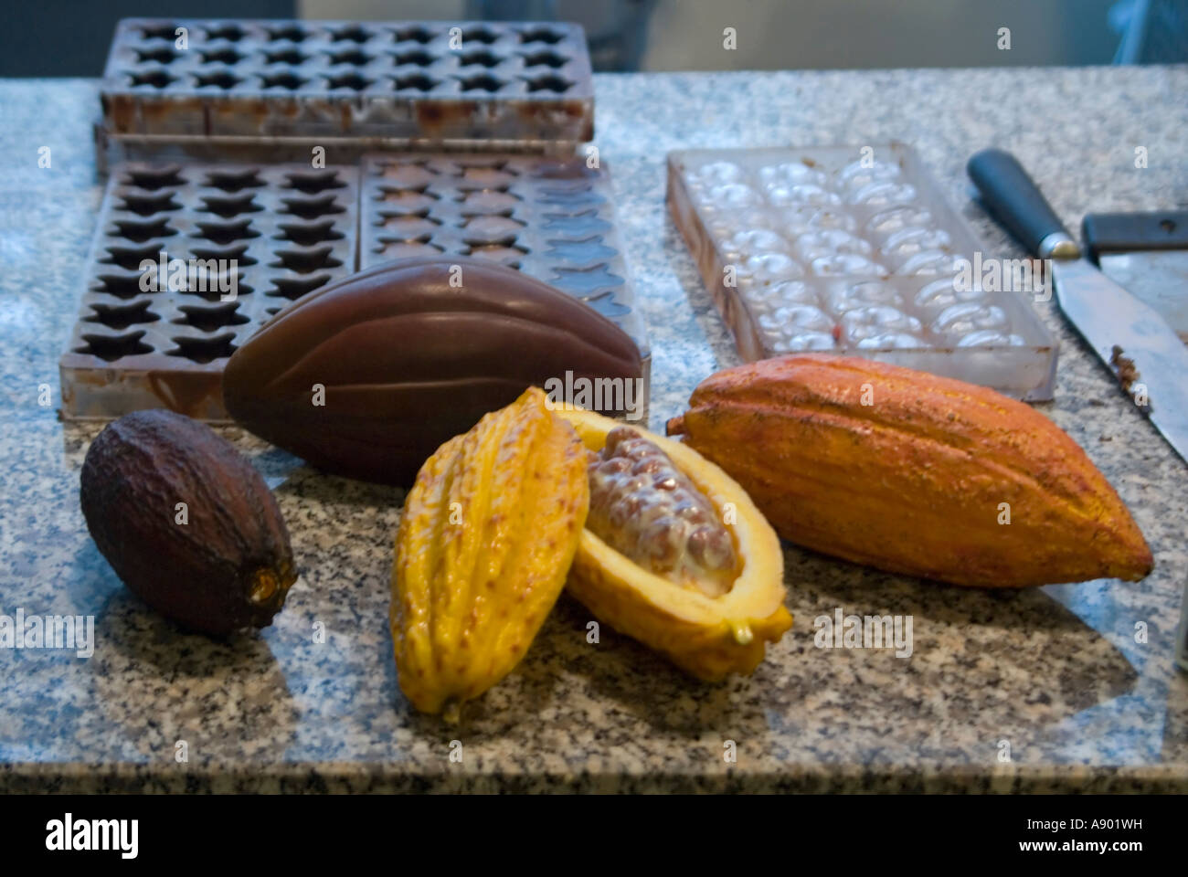 Horizontal close up of moulds used in the production of praline ...