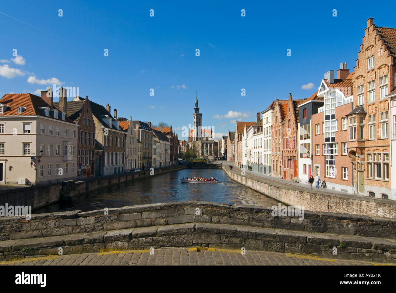 Horizontal wide angle view of traditional canalside gabled buildings on ...
