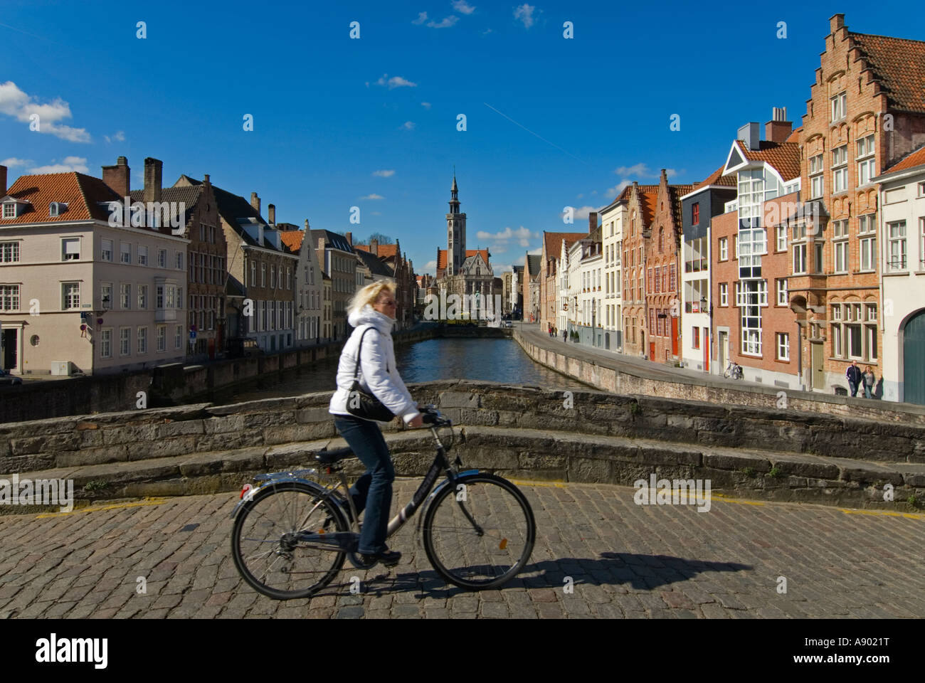 Horizontal wide angle view of traditional canalside gabled buildings ...
