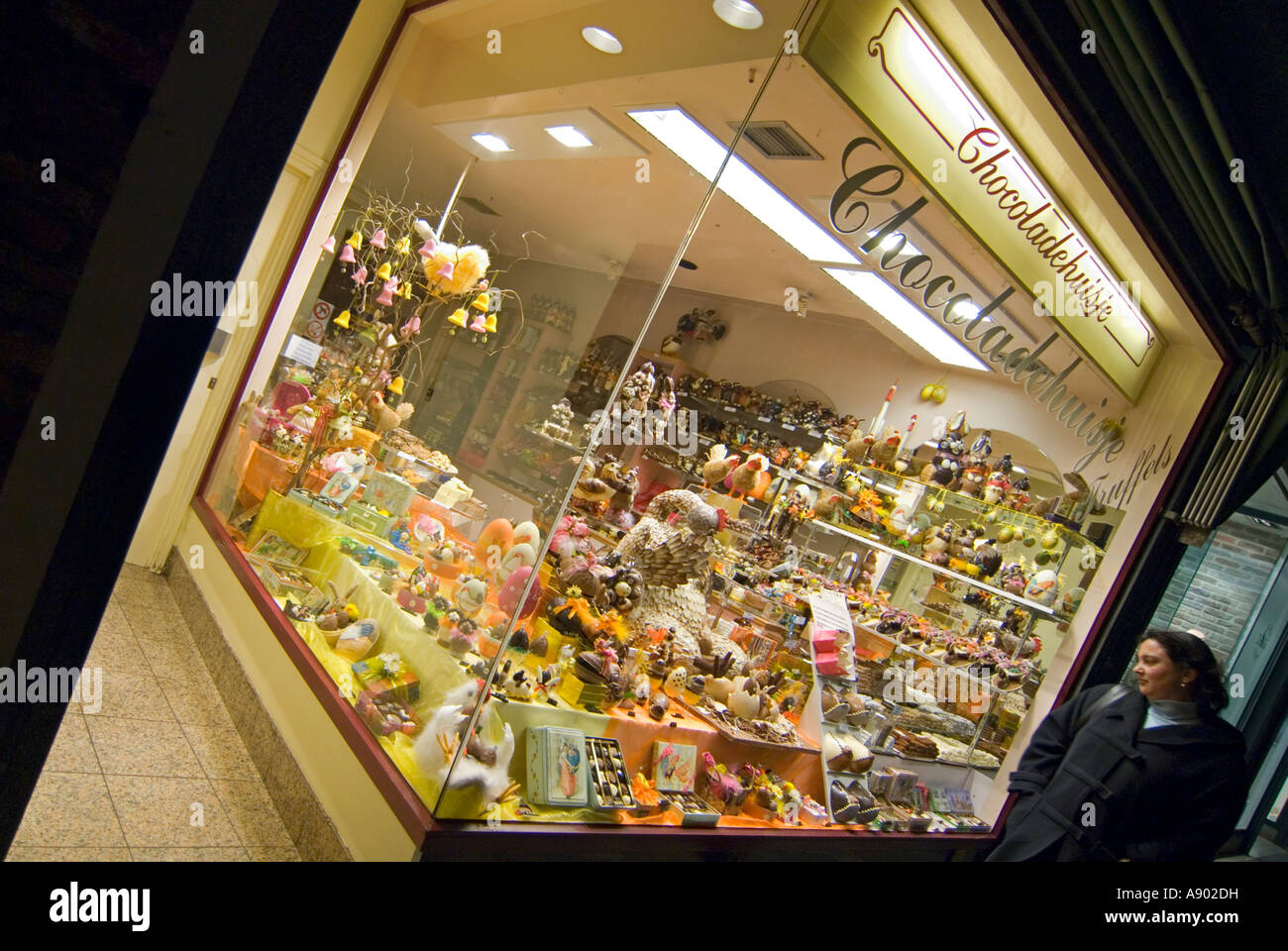 Horizontal angular view of a chocolate shop window display at Easter ...