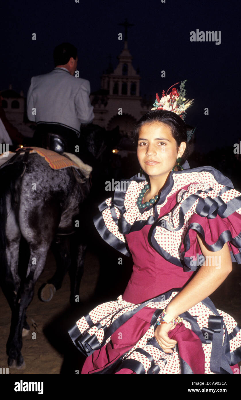Girl in traditional dress Romeria del Rocio El Rocio Huelva province ...