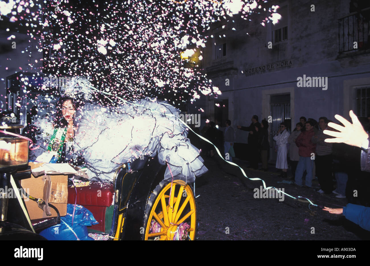 Confetti being thrown at carnival Cadiz Andalucia Andalusia Spain Stock ...