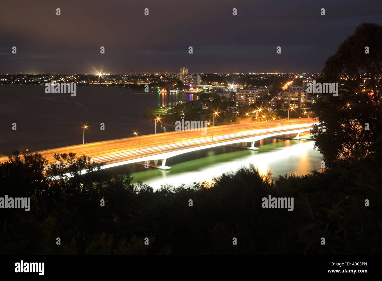 Narrows bridge and Kwinana freeway at night over Swan river, Perth ...