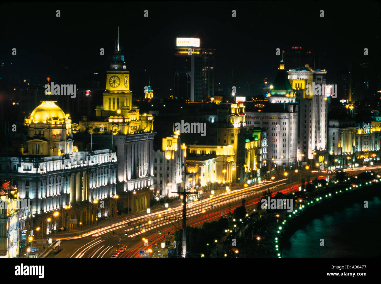 Night view of illuminated colonial buildings on the Bund Shanghai China ...