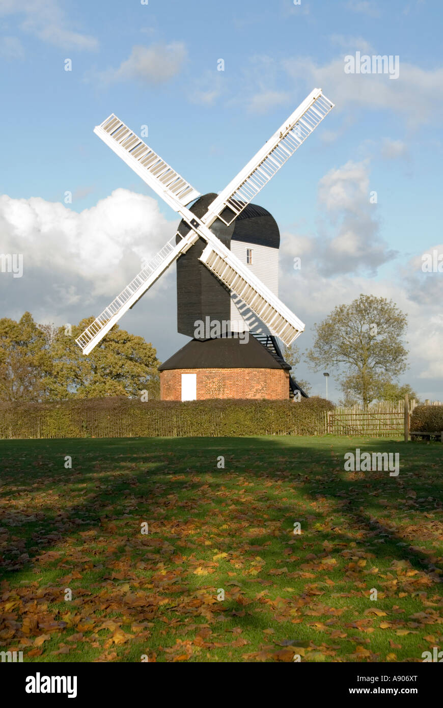Mountnessing Post Mill beside village green at autumn time Stock Photo ...