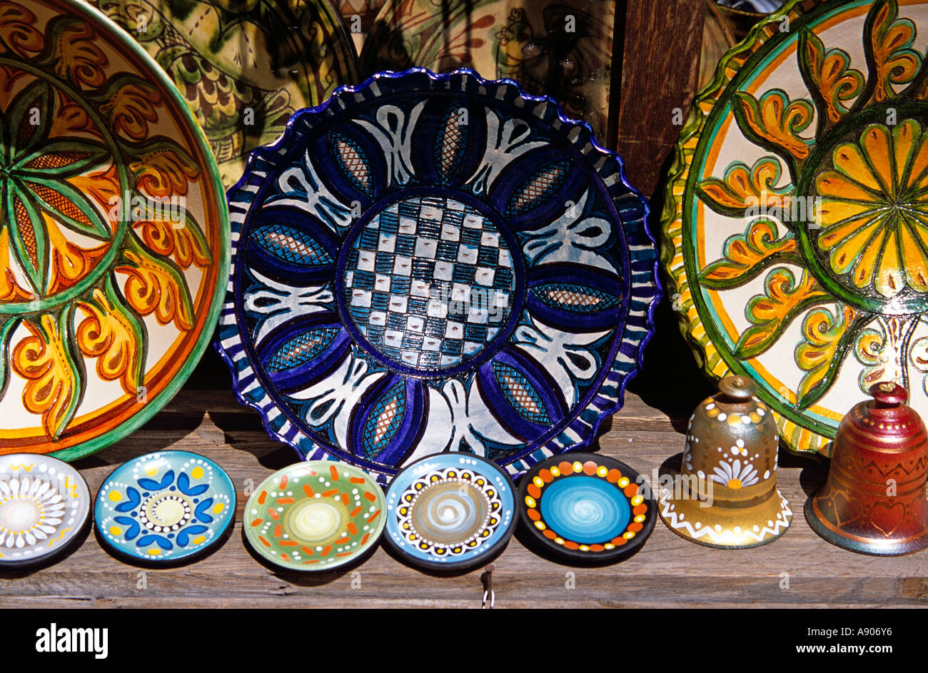Traditional Bulgarian pottery on display outside gift and craft shop ...