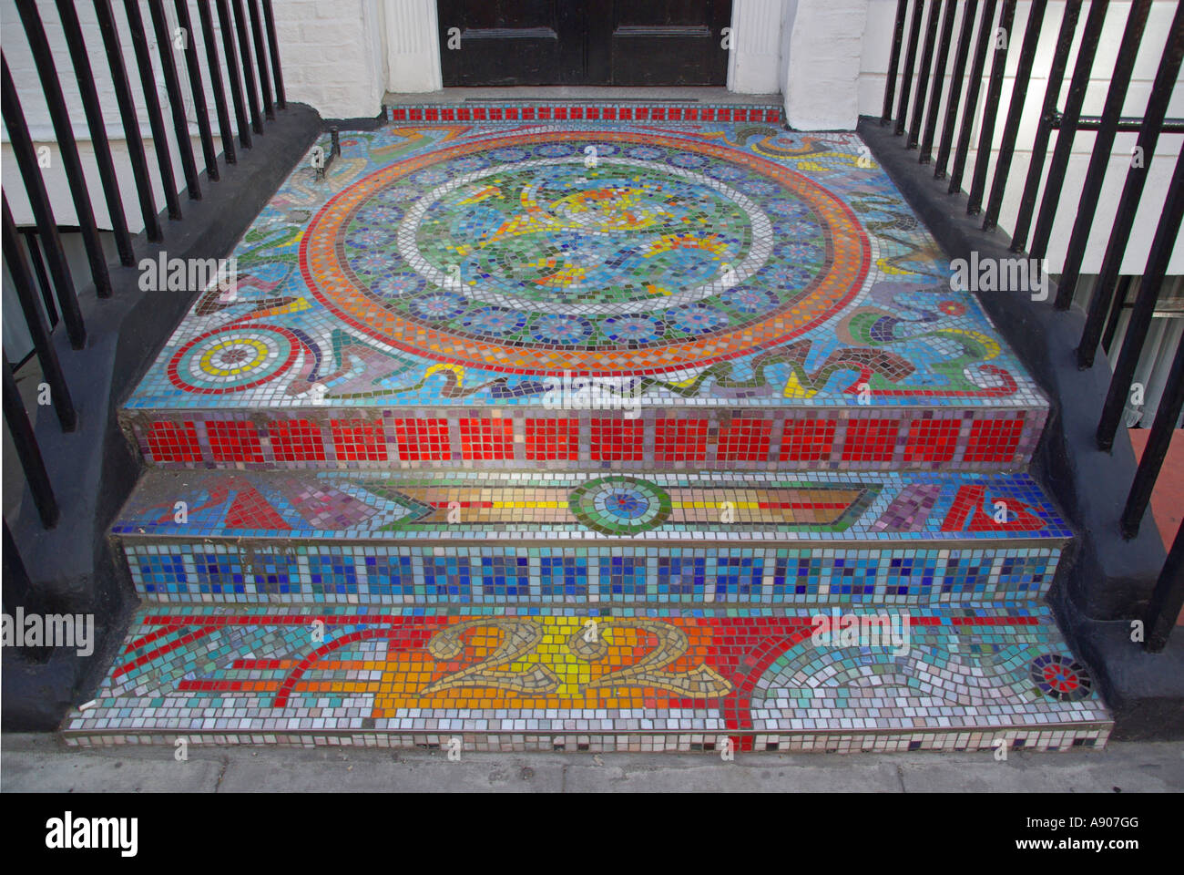 Colourful mosaic step & path to house front door entrance doorway ...