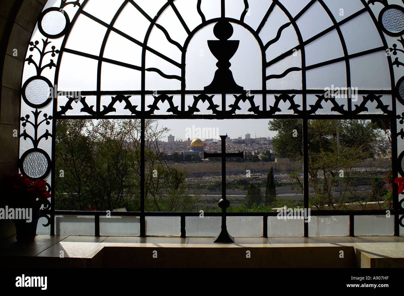 window overlooking the old city DOMINUS FLEVIT church on mount olives ...
