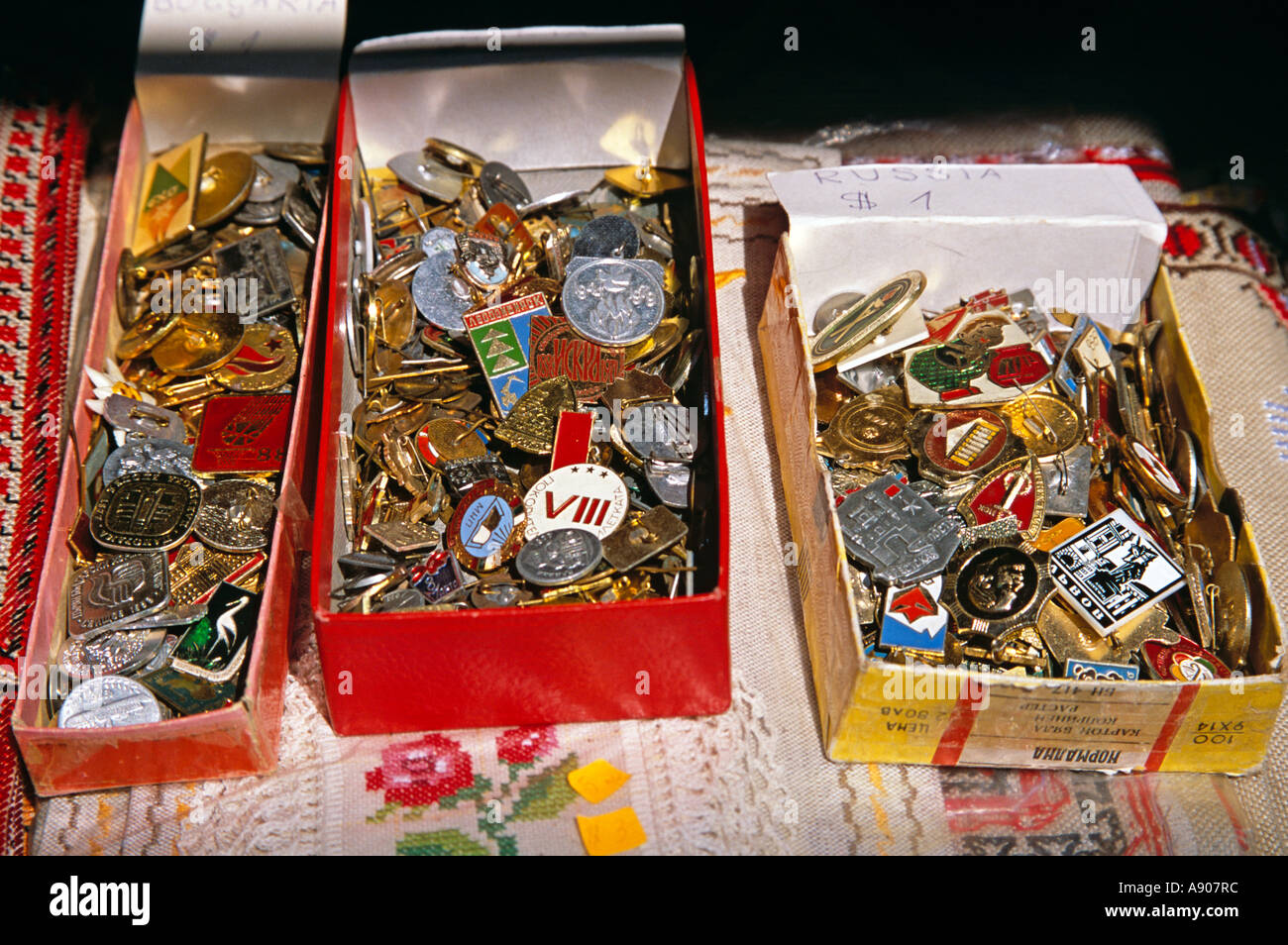 Display of old badges in boxes outside antique shop, Veliko Tarnovo ...