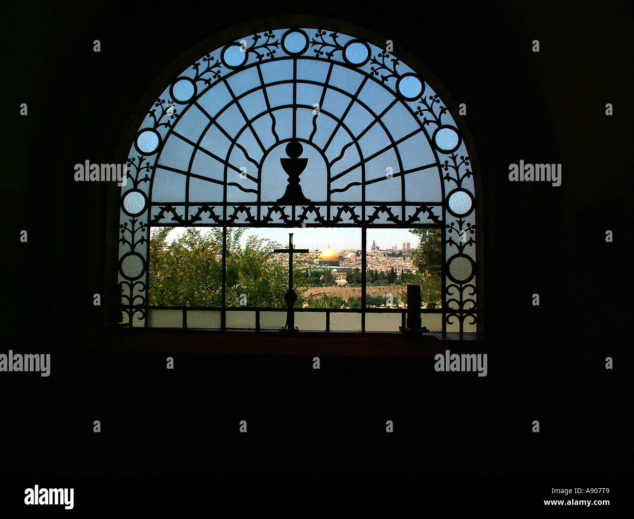 window overlooking the old city DOMINUS FLEVIT church on mount olives ...