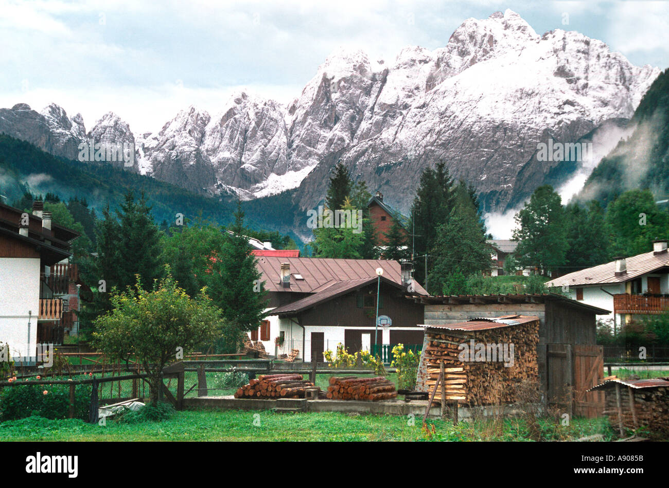 Village of Valbruna with mountain background Italy Stock Photo - Alamy