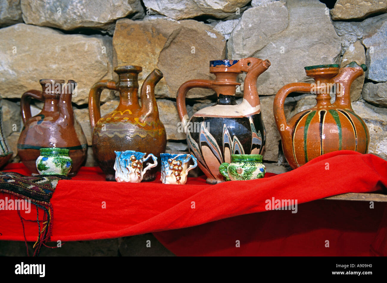 Traditional Bulgarian pottery display outside gift and craft shop ...