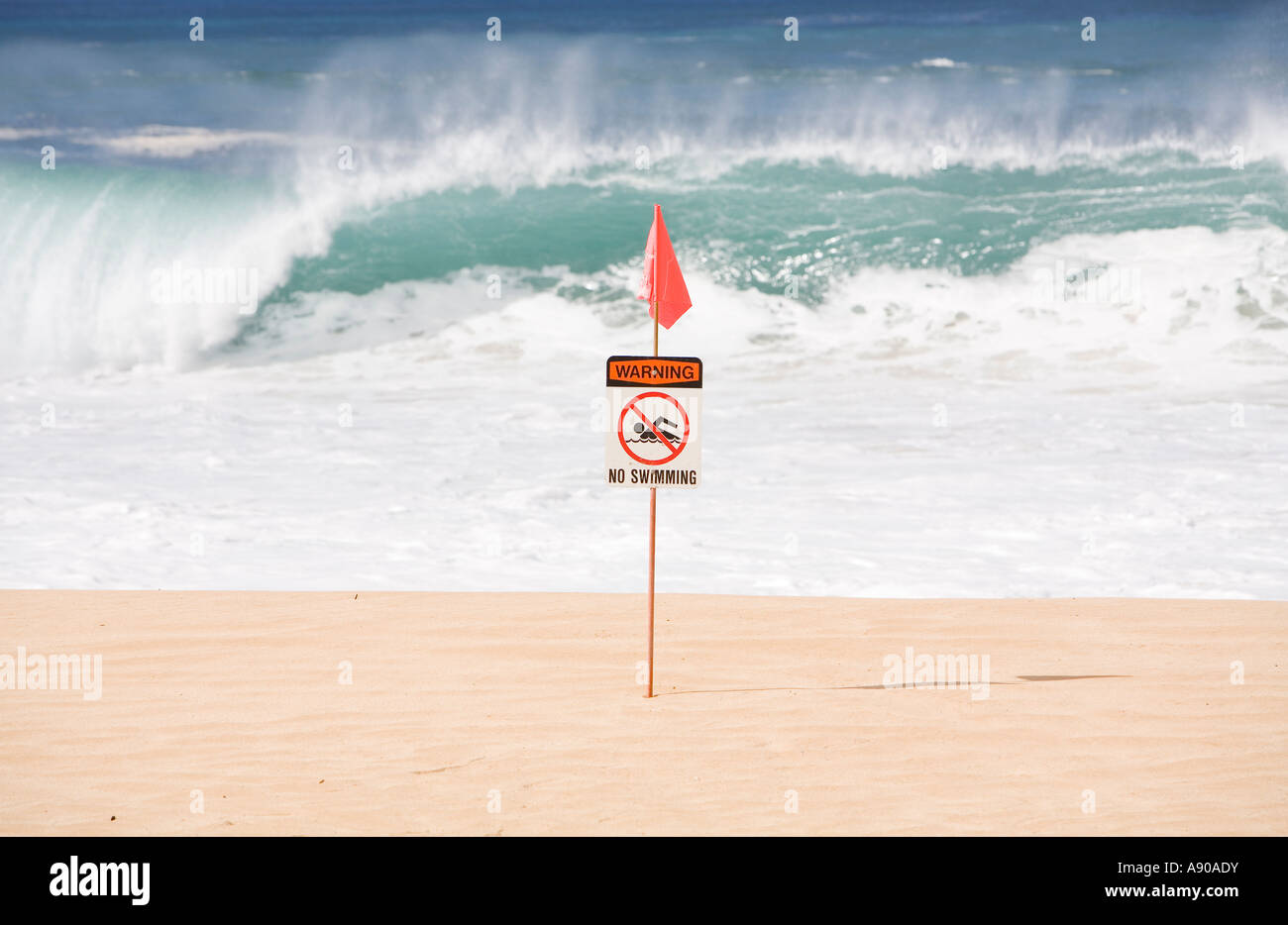 No swimming sign at Waimea Bay beach, with a large wave breaking behind ...