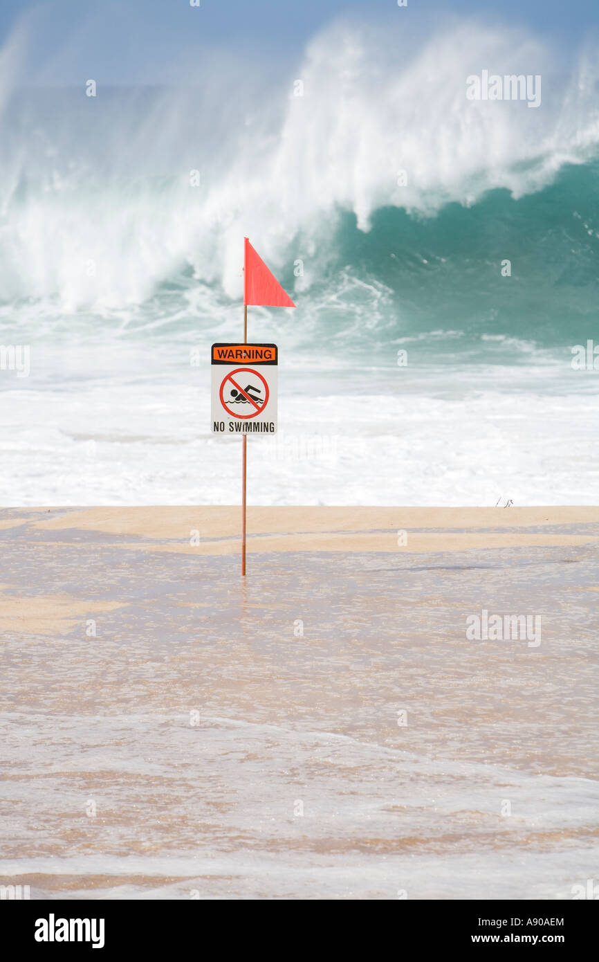 No swimming sign at Waimea Bay beach, with a large wave breaking behind ...