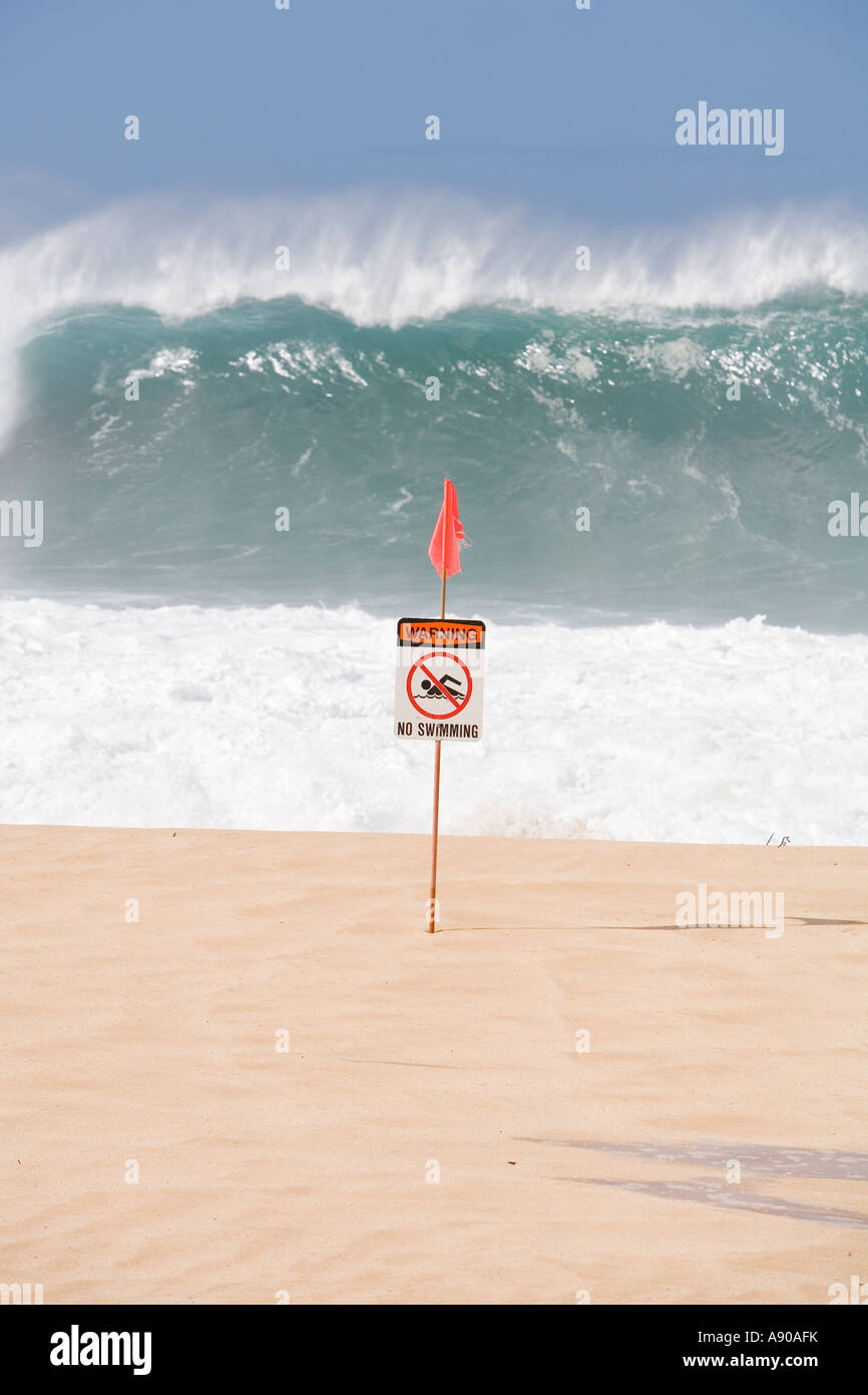 No swimming sign at Waimea Bay beach, with a large wave breaking behind ...